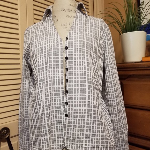 Foxcroft | Tops | Graywhiteblack Tapered Windowpane Blouse | Poshmark